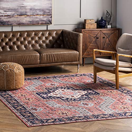 nuLOOM Amber Machine Washable Floral Aztec Ultra Thin Area Rug, 5' x 8', Rust