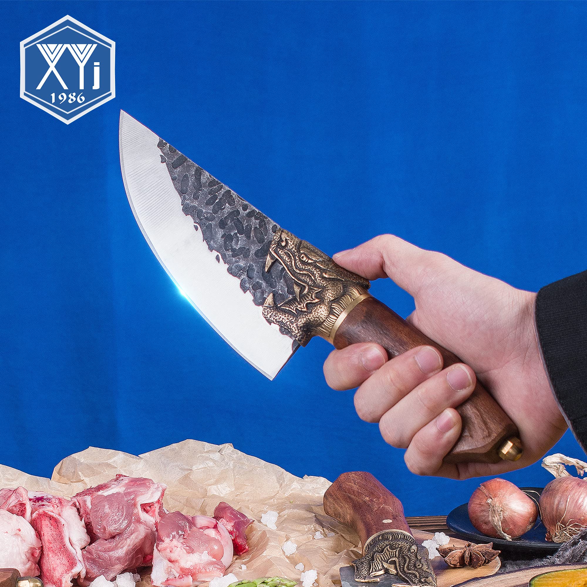 XYJ Authentic Since 1986,Professional Forged Chef Knives With Sheath,Sharpener,Camping Kitchen Knives,Slicing Cutting Knives,Meat Vegetable Cooking Butcher Knives Roll Bag Set (4 In 1)