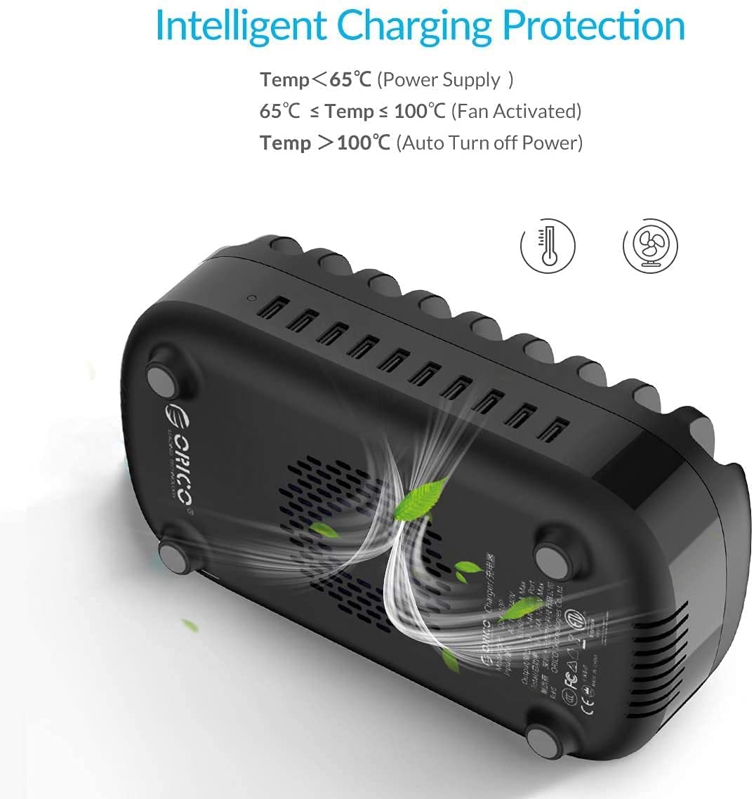 ORICO 120W 10 Port Charging Station for Multiple Devices 10 Ports Smart USB Charging Docking Organizer with Cooling Fan Compatible for iPhone, iPads, Samsung, Android Phone and Tablets