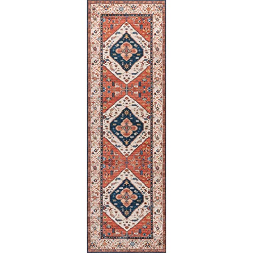 nuLOOM Carolyn Machine Washable Tribal Motif Ultra Thin Runner Rug, 2' 6" x 8', Rust