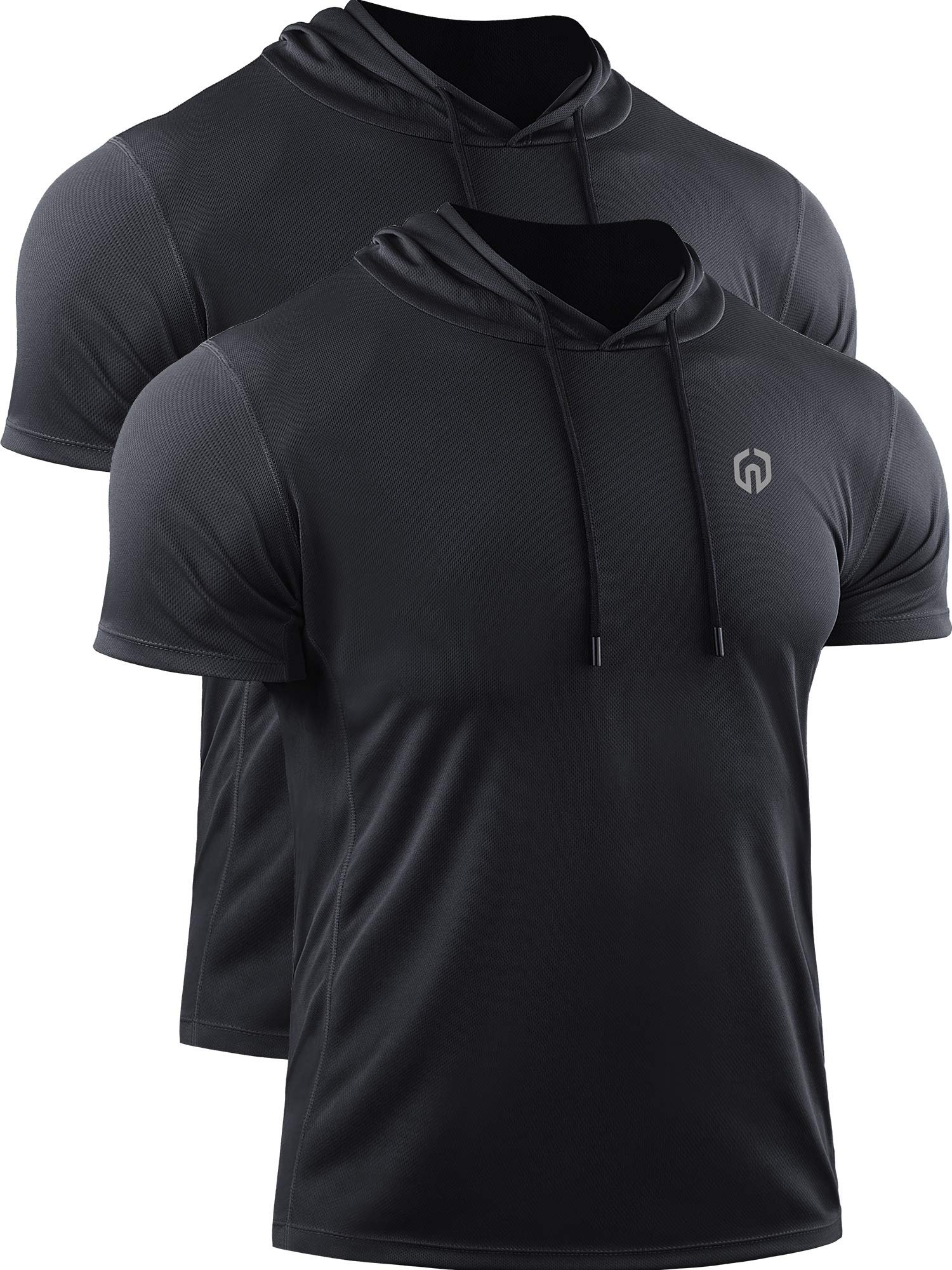 NELEUS Men's Running Shirt Mesh Workout Athletic Shirts with Hoods,5084,2 Pack,Black/Black,US M,EU L