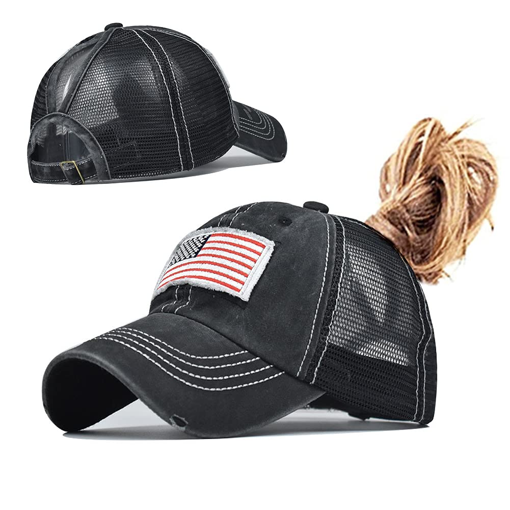 Nogewul American flag Ponytail Baseball Cap for Womens Men High Messy Bun Hat Ponycaps Adjustable Dad Trucker Mesh Hats