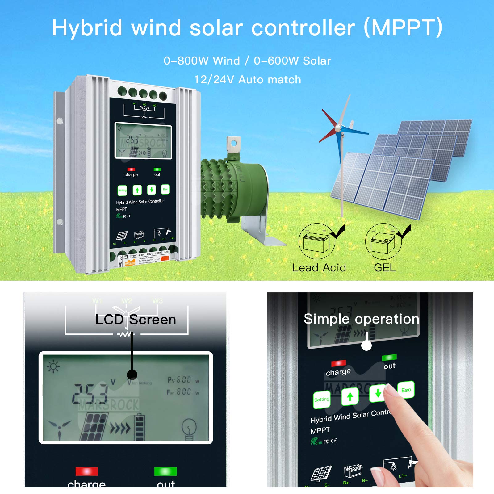 Marsrock 1400W 12V/24V Auto MPPT Wind Solar Hybrid Charge Controller Support Gel and Lead-Acid Battery for Home Wind Turbine Generator and Solar Panel System
