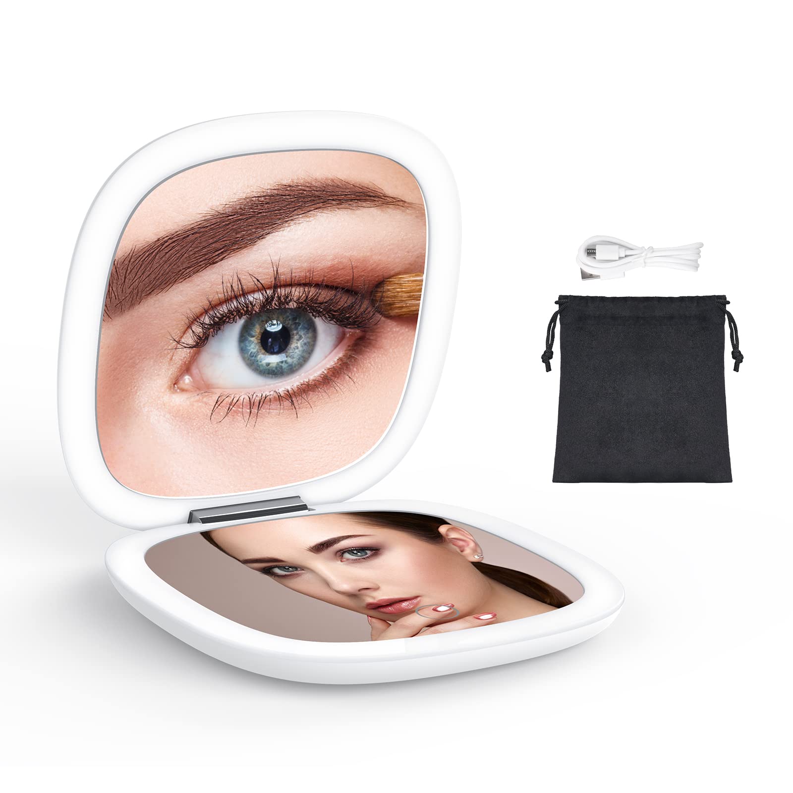 TIMCHASER Magnifying Travel Makeup Mirror, 1X/10X Magnification Compact Mirror, Dimmable 2-Sided Illuminated Folding Mirror, USB Rechargeable, Portable for Handbag, Purse, Pocket