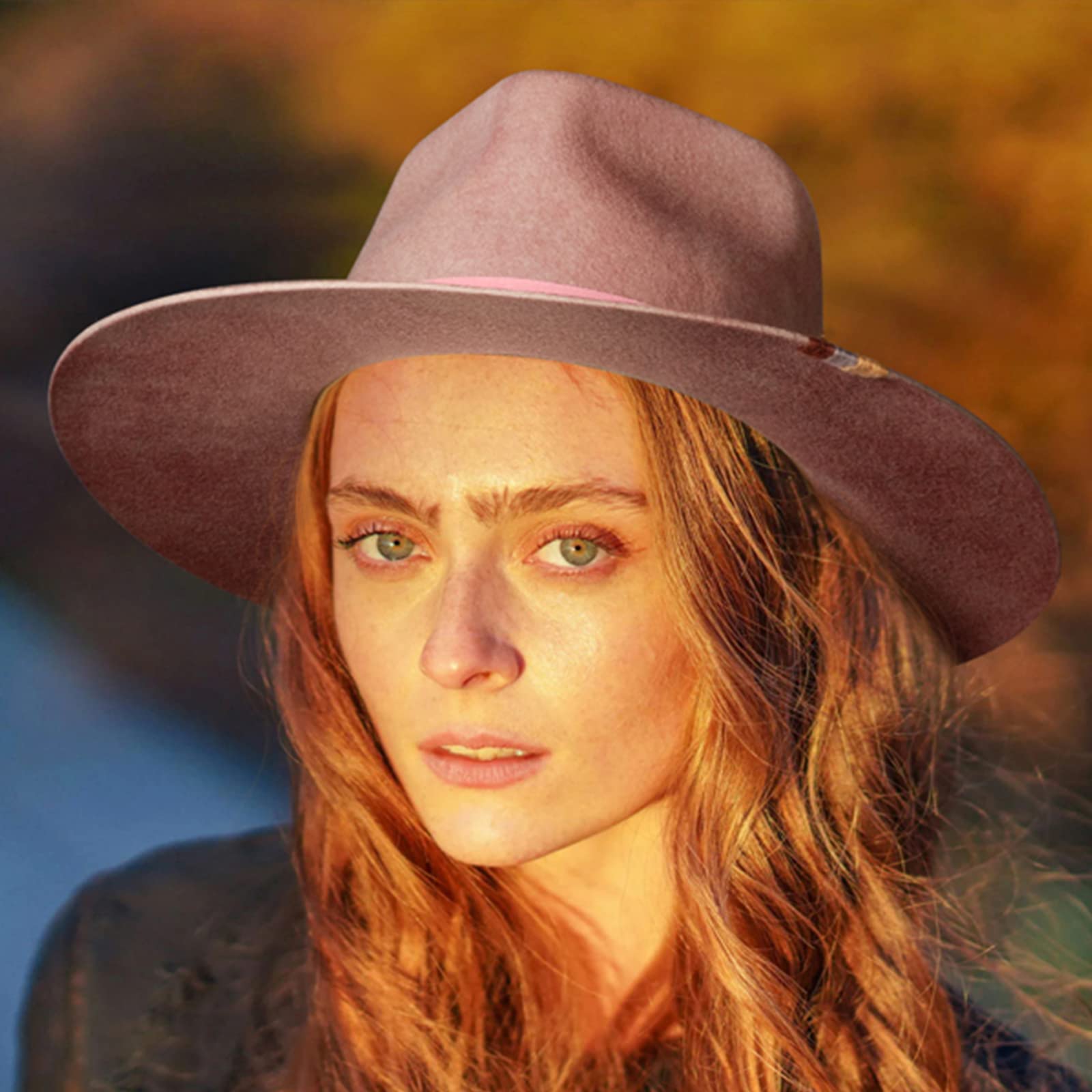 RUEDIGER Wide Brim Fedora Hats for Men Women 100% Wool Felt Panama Rancher Hat with Lightning Logo Distressed/Burned Handmade Pink