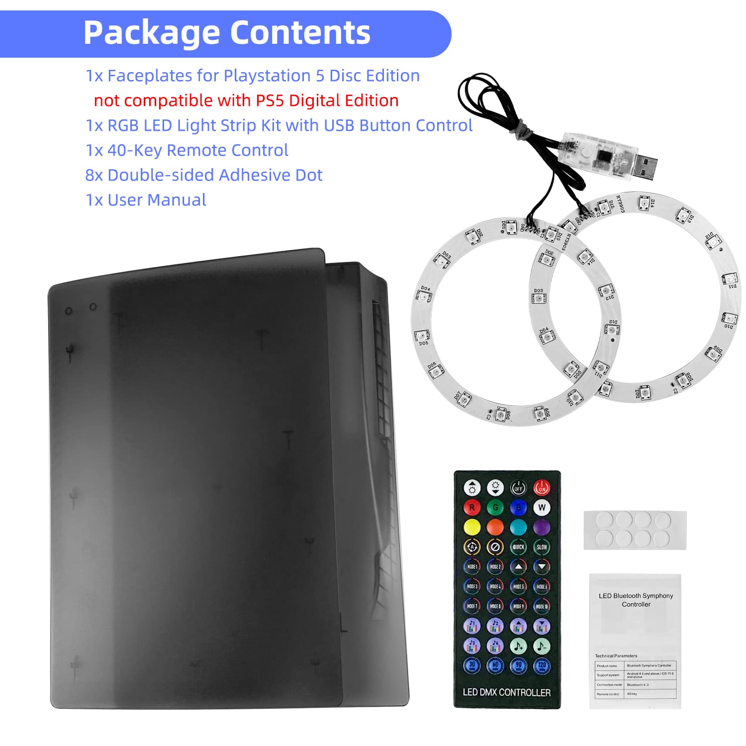 Mytrix 2 in 1 Translucent Black Faceplates for PS5 Disc Edition + RGB LED Light Strips Kit, Anti-Scratch Shockproof Plates Cover ABS Hard Replacement Shell for Playstation 5