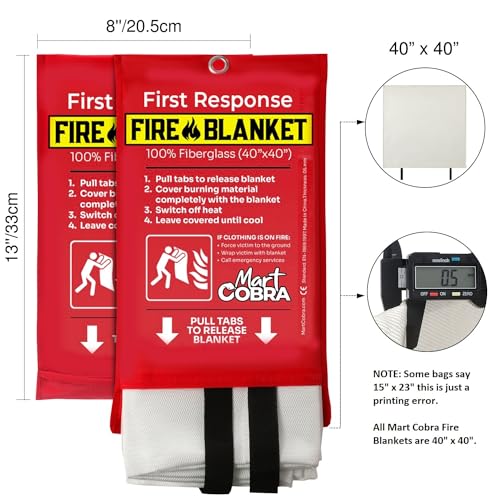 Mart Cobra Emergency Fire Blanket for Home and Kitchen – Easy to Carry 40” x 40” Fire Suppression Blanket Can Fit in Survival Kits & Camping Gears – Made with 100% Fiberglass Fabric – 2-Pack