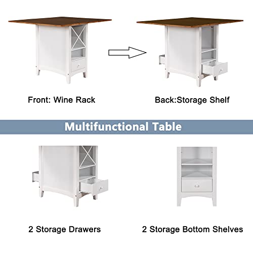 Merax 5 Pieces Drop Leaf Dining Table Set, Counter Height Kitchen Table with Drop Leaf and 4 Chairs, Space-Saving Kitchen Set with Wine Rack and Drawers, Seat Height 23.6"