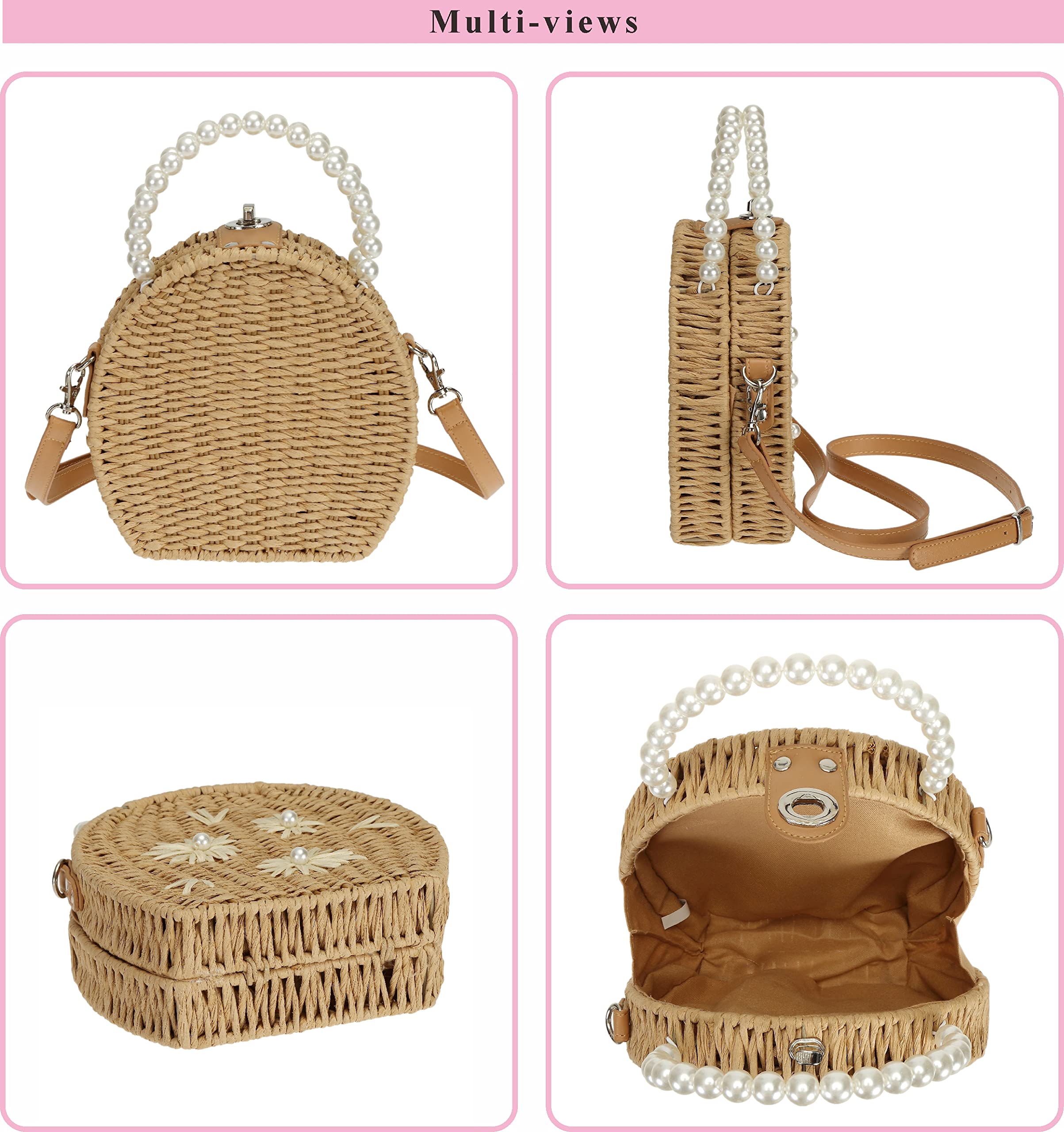 TaiGuri Women's Handmade Straw Artificial Pearl Handle Flower Woven Purse Handbag Tote Bag Khaki