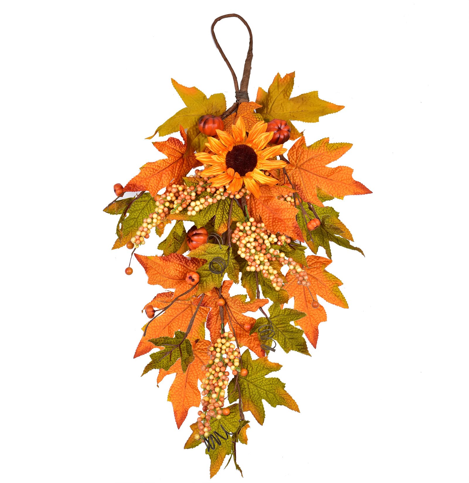 LSKYTOP 19" Artificial Sunflowers Pumpkins Maple Leaves Berries Fall Harvest Swag Autumn Swag for Thanksgiving Christmas Halloween Wall Fall Decor