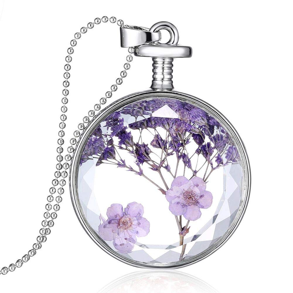 Lifenanny Dry Pressed Flower Necklace Handmade Purple Lavender Glass Necklace Round Pendant Necklace for Women Girls (Purple)