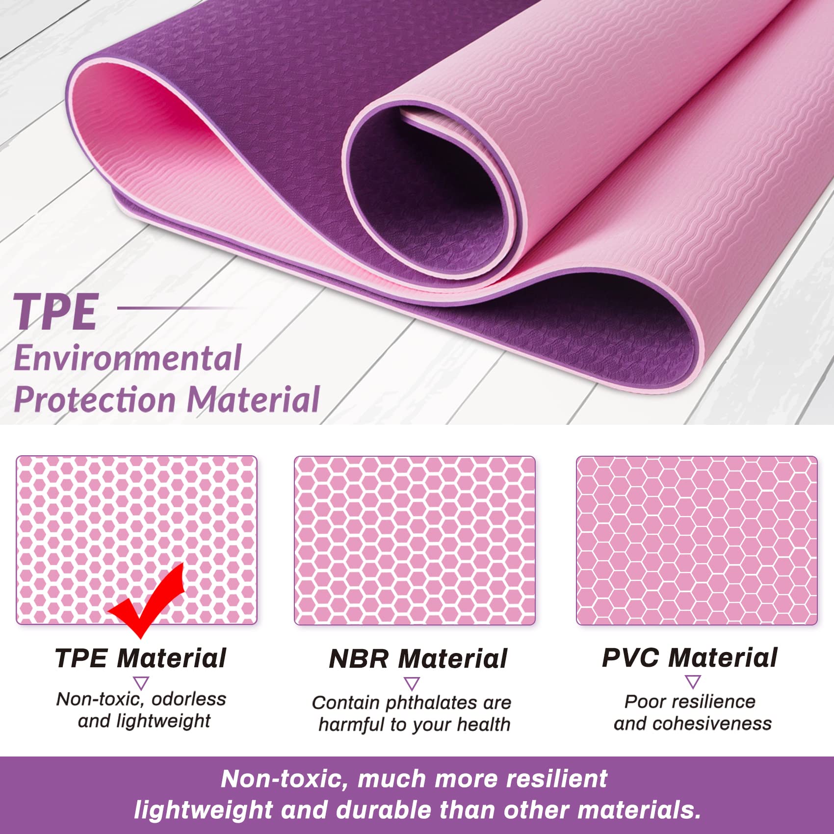 Non-Slip Yoga Mat, Eco Friendly TPE Workout Mat with Strap and Bag, 1/4 Inch Thick, 72”x 24”, Comfortable and Easy to Carry, Purple
