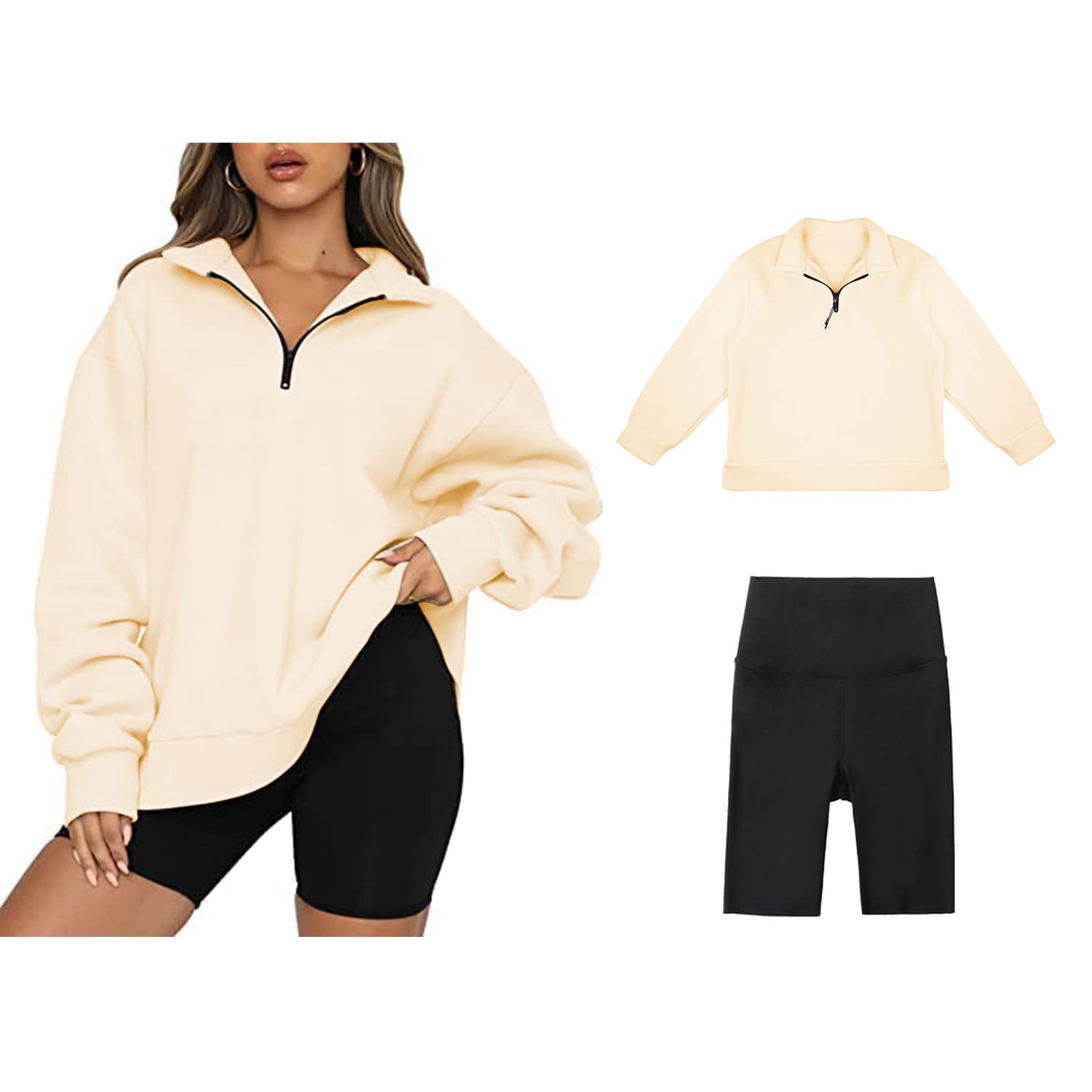 SAPJON Half Zip Pullover Oversized Sweatshirt for Women, 2Pcs High Waist Biker Shorts with Solid Fleece Long Sleeve Sweatshirts for Teen Girls