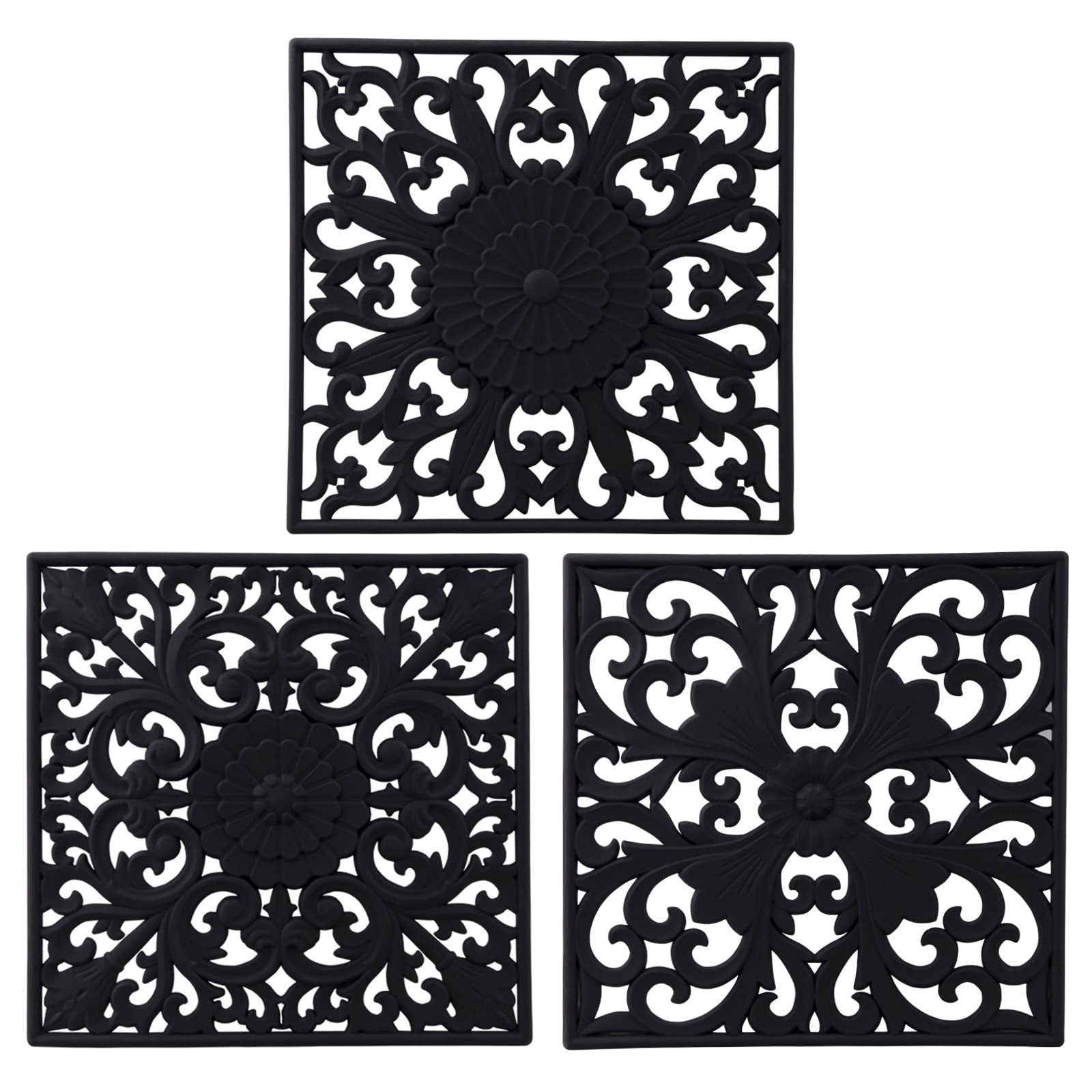 Smithcraft Trivets for Hot Dishes, Pots & Pans, Square Hot Pads for Kitchen, Heat Resistant Mats for Kitchen Counter, Multi Use Silicone Trivet Mat, Flexible Silicone Pot Holders Mats Black Set of 3