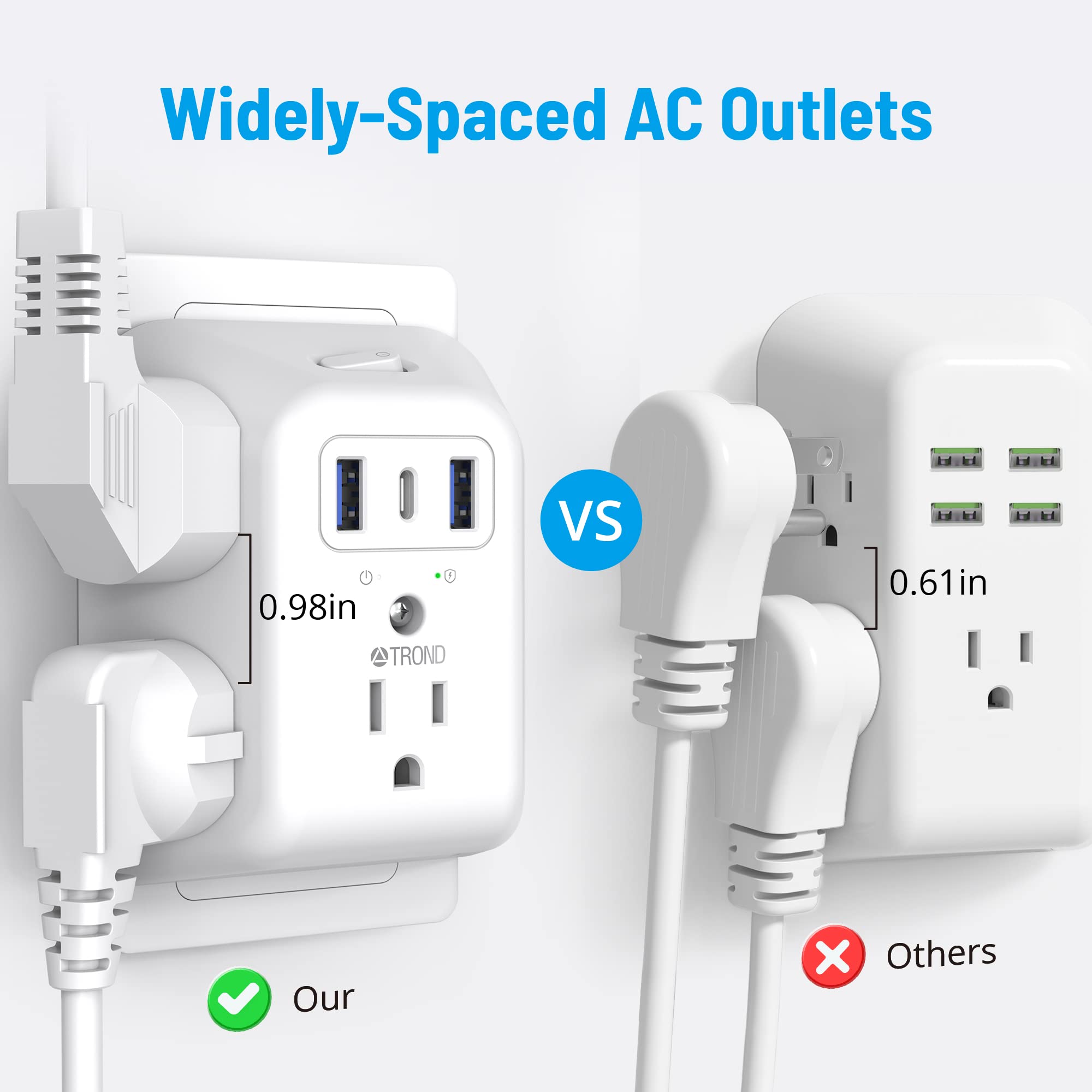 TROND Surge Protector Outlet Extender - 5 Outlet Splitter with 3 USB Ports (1 USB C), Multi Plug Outlet Expander with ON/Off Switch, 3 Sided Multiple Wall Plug Power Strip for Home Travel Office
