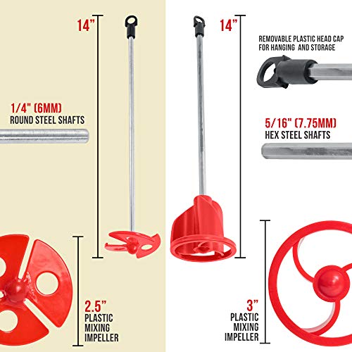 TCP Global 2 Types of Paint, Epoxy Resin, Mud Power Mixer Blade Drill Tools for Mixing Quarts to 2.5 Gallon Buckets - 14" Long, 1/4" Round and 5/16" Hex Shafts, 2.5" and 3" Plastic Paddles - Stirring