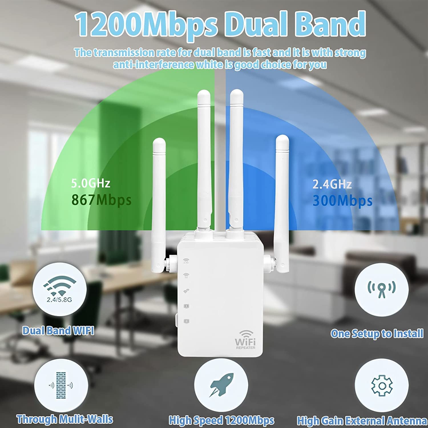 WiFi Extender,WiFi Booster 1200Mbps WiFi 2.4&5GHz Dual Band(8500sq.ft) WiFi Signal Strong Penetrability 35 Devices 4 Modes 1-Tap Setup，4 Antennas 360° Full Coverage, Supports Ethernet Port