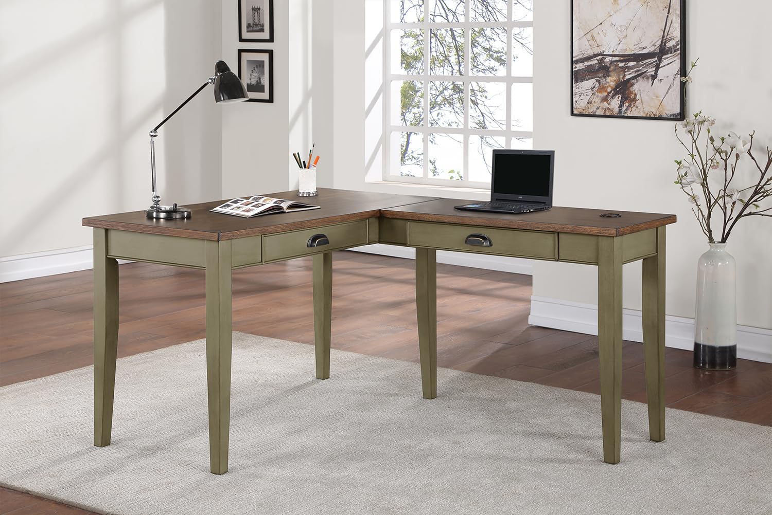 Martin Furniture Sit/Stand Farmhouse Wood Writing, Open L-Shaped Table, Office Desk and Return, Sage Green