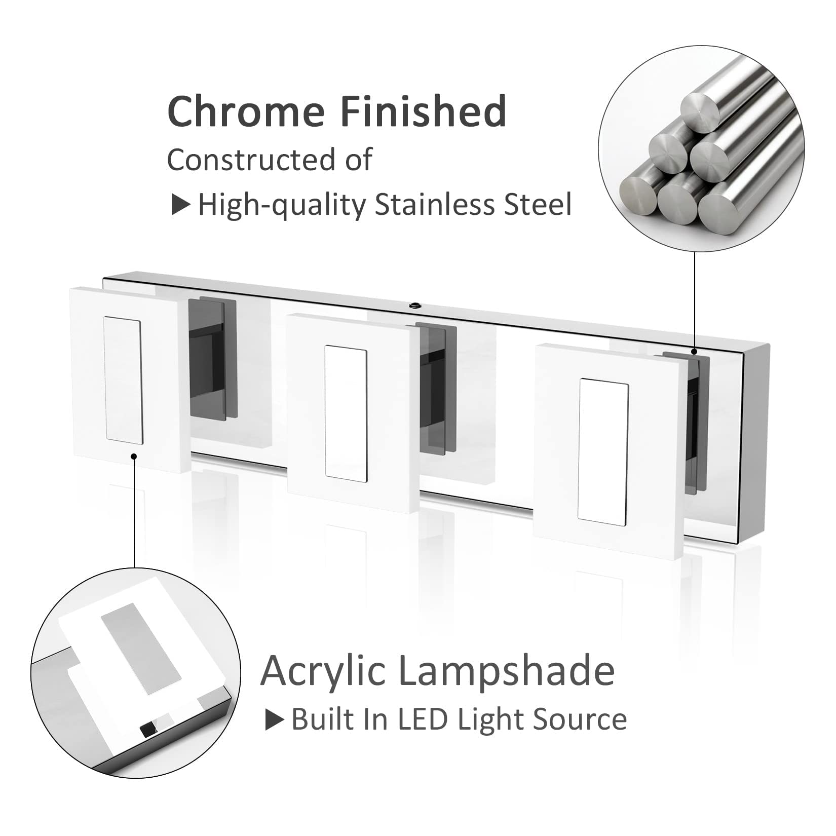 Ralbay 3-Light Modern LED Vanity Lights for Bathroom, Acrylic Stainless Steel Bathroom Wall Light Fixtures Over Mirror, Chrome 6000K
