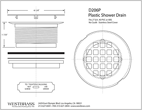 Westbrass D206P-62 4-1/2" OD Shower Drain Assembly and Grid Strainer Cover fits both Sch. 40 PVC & ABS Pipes, Matte Black