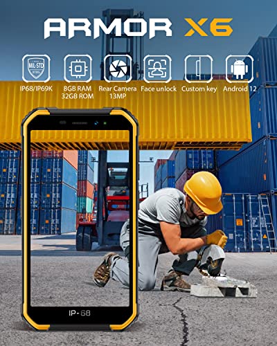 Ulefone Rugged Phones Unlocked, Armor X6 Pro IP68/69K Dustproof Waterproof Smartphone, 8GB+32GB, Android 12, 5.0 inches, 13MP + 5MP, NFC, Custom Key, Gloves Mode, Face Unlock, US Version (Black)