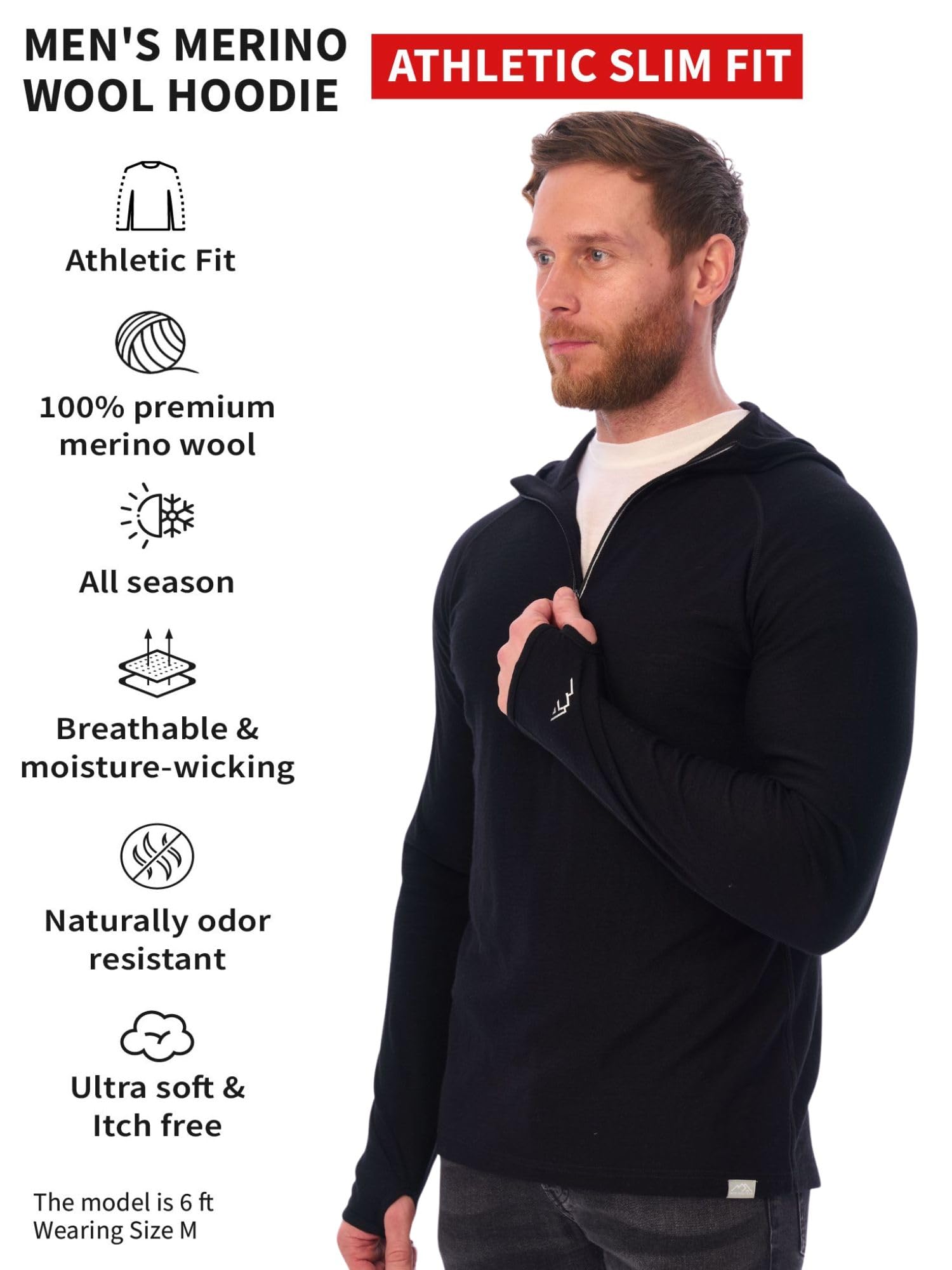 Merino.tech 100% Merino Wool Hoodie Men - Slim Fit Merino Wool Base Layer Mens Half Zip Thermal Long Sleeve Lightweight Shirt (XL, Shadow)
