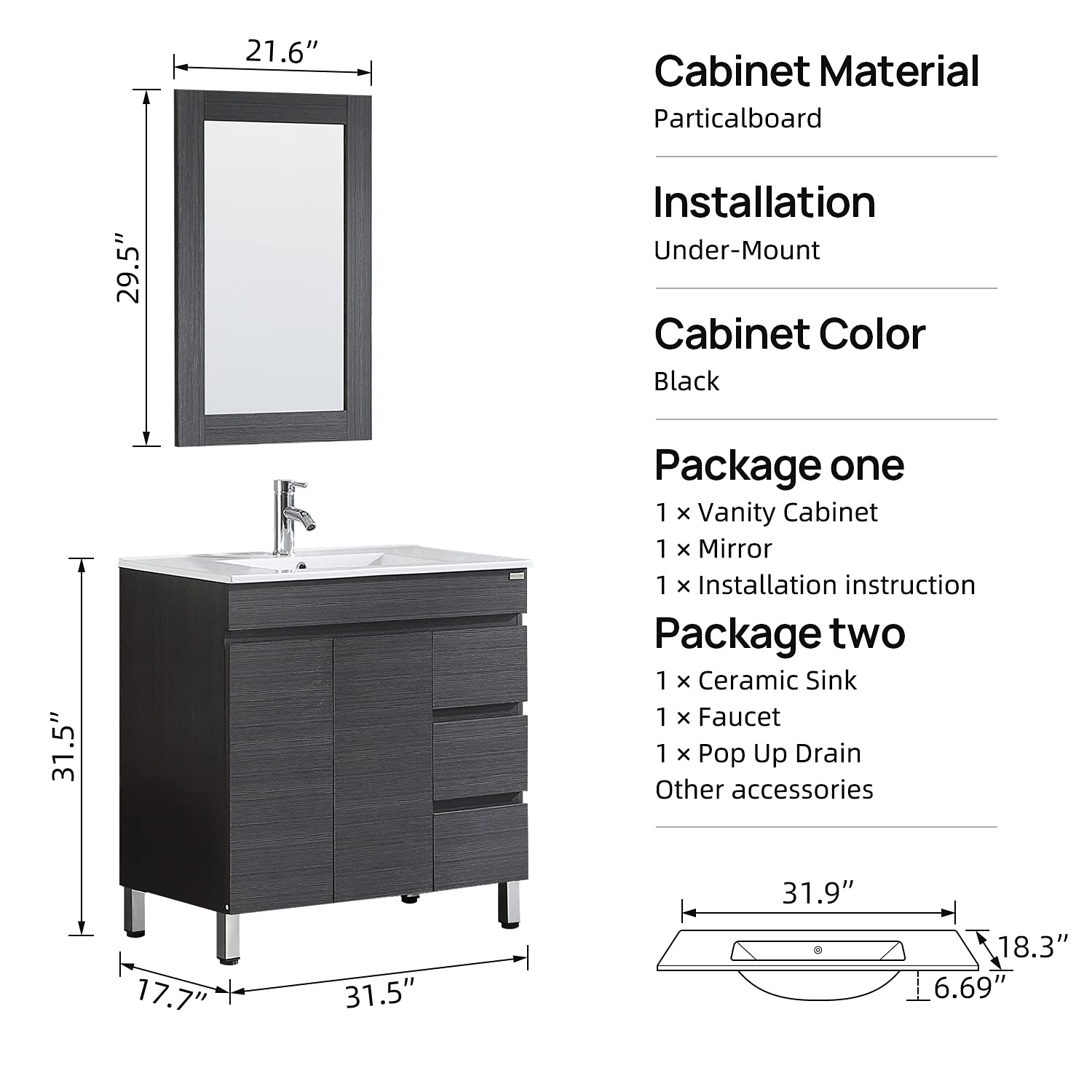 wonline 32" Bathroom Vanity and Sink Combo Cabinet Undermount Ceramic Vessel Sink Chorme Faucet Drain with Mirror Vanities Set