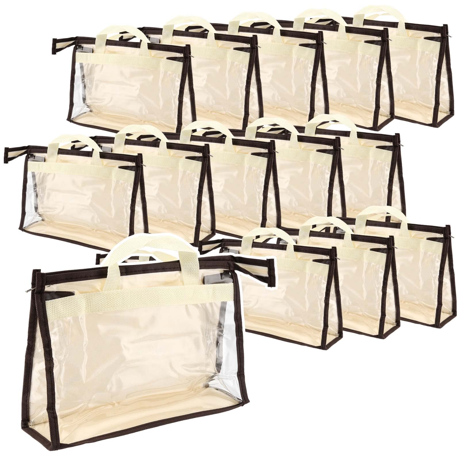 TAICHEUT 18 Pack 3 Sizes Clear Handbag Storage, Clear Purse Protector Bag with Zipper and Handle Purse Storage Dust Bags for Closet, Beige and Clear