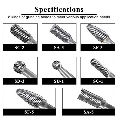 YUFUTOL Carbide Burr Set with 1/4''(6.35mm) Shank 8pcs Double Cut Solid Carbide Rotary Burr Set for Die Grinder Drill, Metal Wood Carving, Engraving,Polishing,Drilling