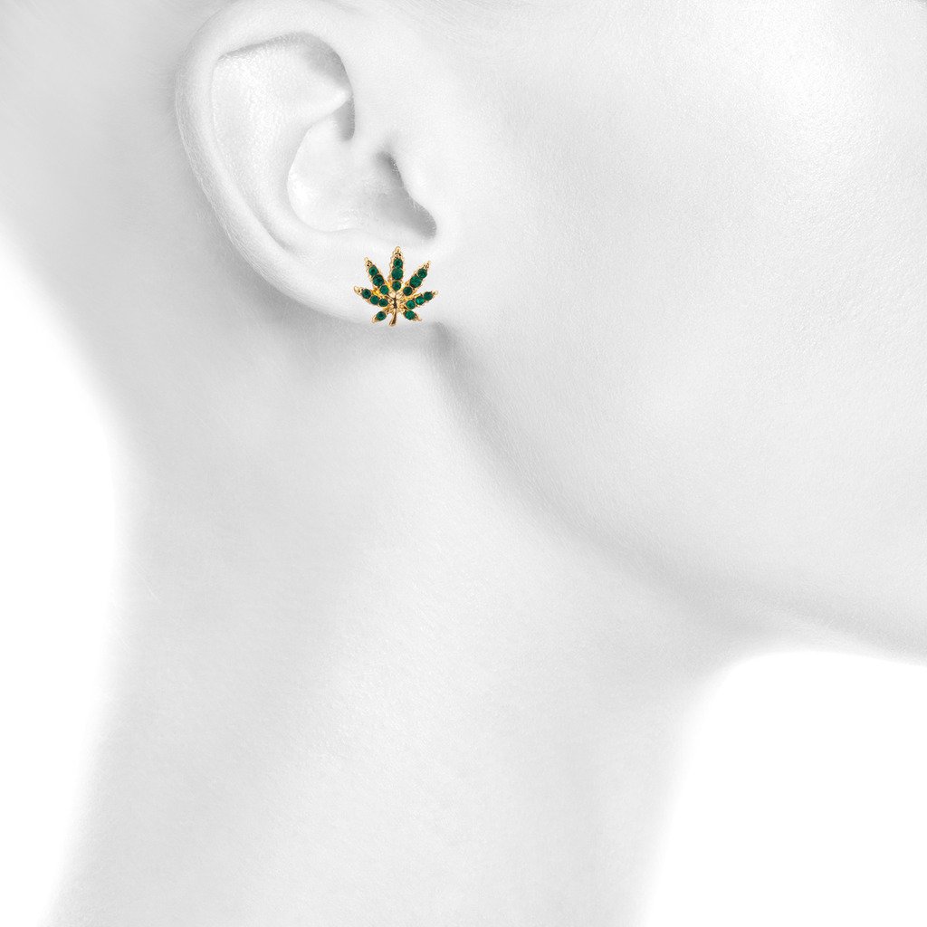 Lux Accessories Delicate Green Pave Marijuana Pot 420 Leaf Stud Earrings
