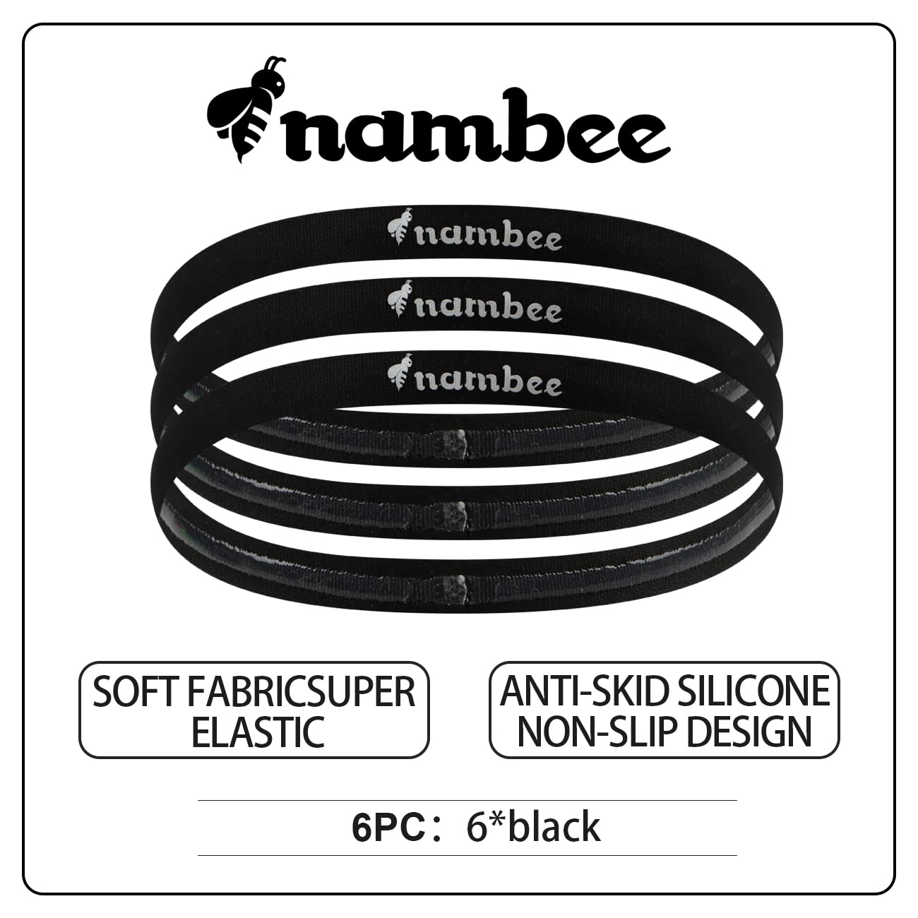 Nambee Silicone Grip Hairband Mini Sweat Band 6 Pack,Elastic Silicone Grip Exercise Hair and Sweatbands for Yoga