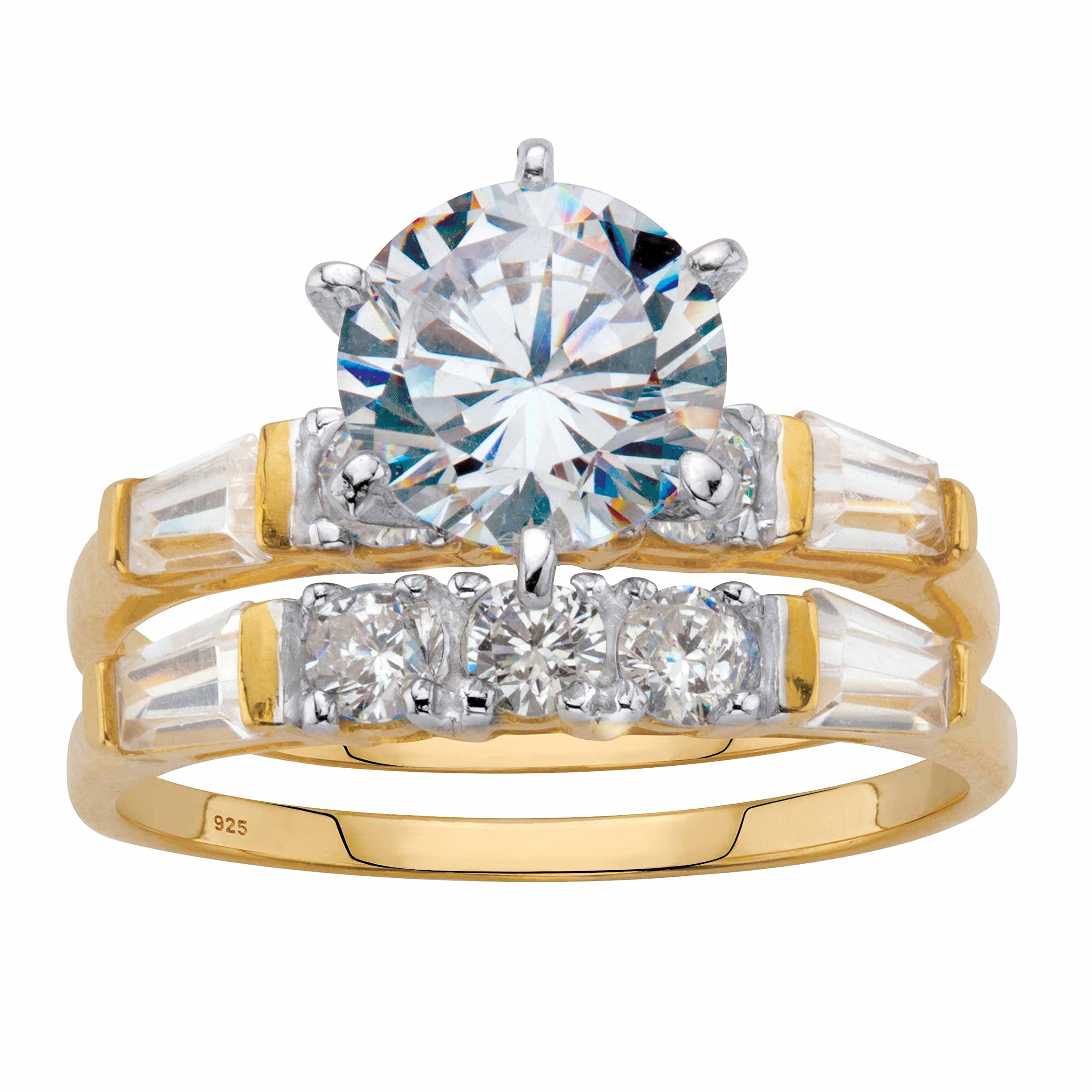 PalmBeach Jewelry 18k Gold-Plated or Platinum-Plated Sterling Silver Two Tone Round and Baguette CZ 2 Piece Bridal Ring Set Size 6