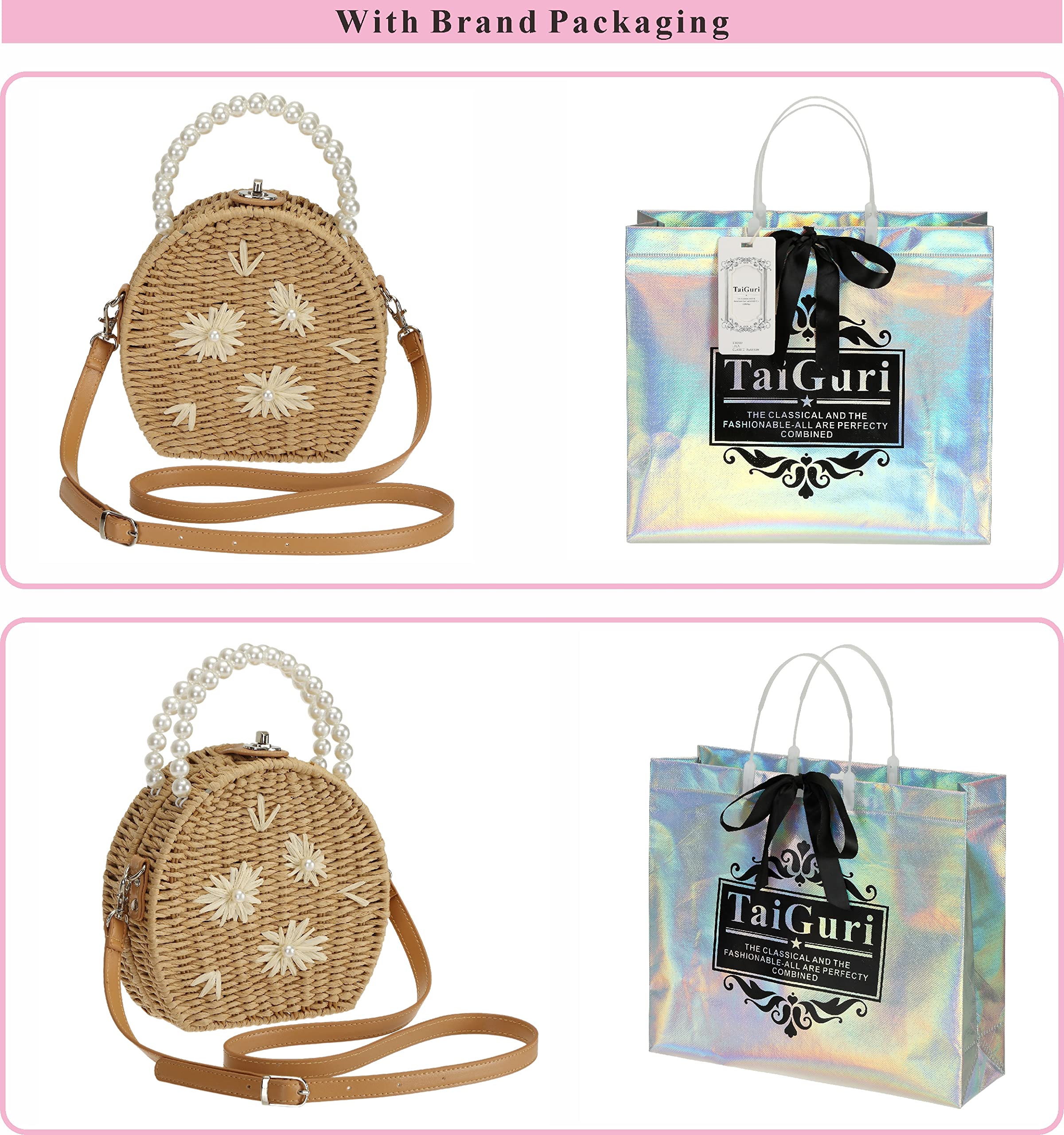 TaiGuri Women's Handmade Straw Artificial Pearl Handle Flower Woven Purse Handbag Tote Bag Khaki