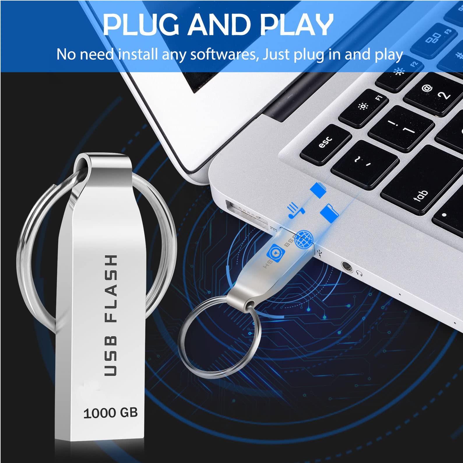 Umeway USB Flash Drive 1TB Memory Stick Metal Thumb Drive USB 3.0 Flash Drives Waterproof USB Drive with Keychain USB Stick Storage and Backup for PC/Laptop