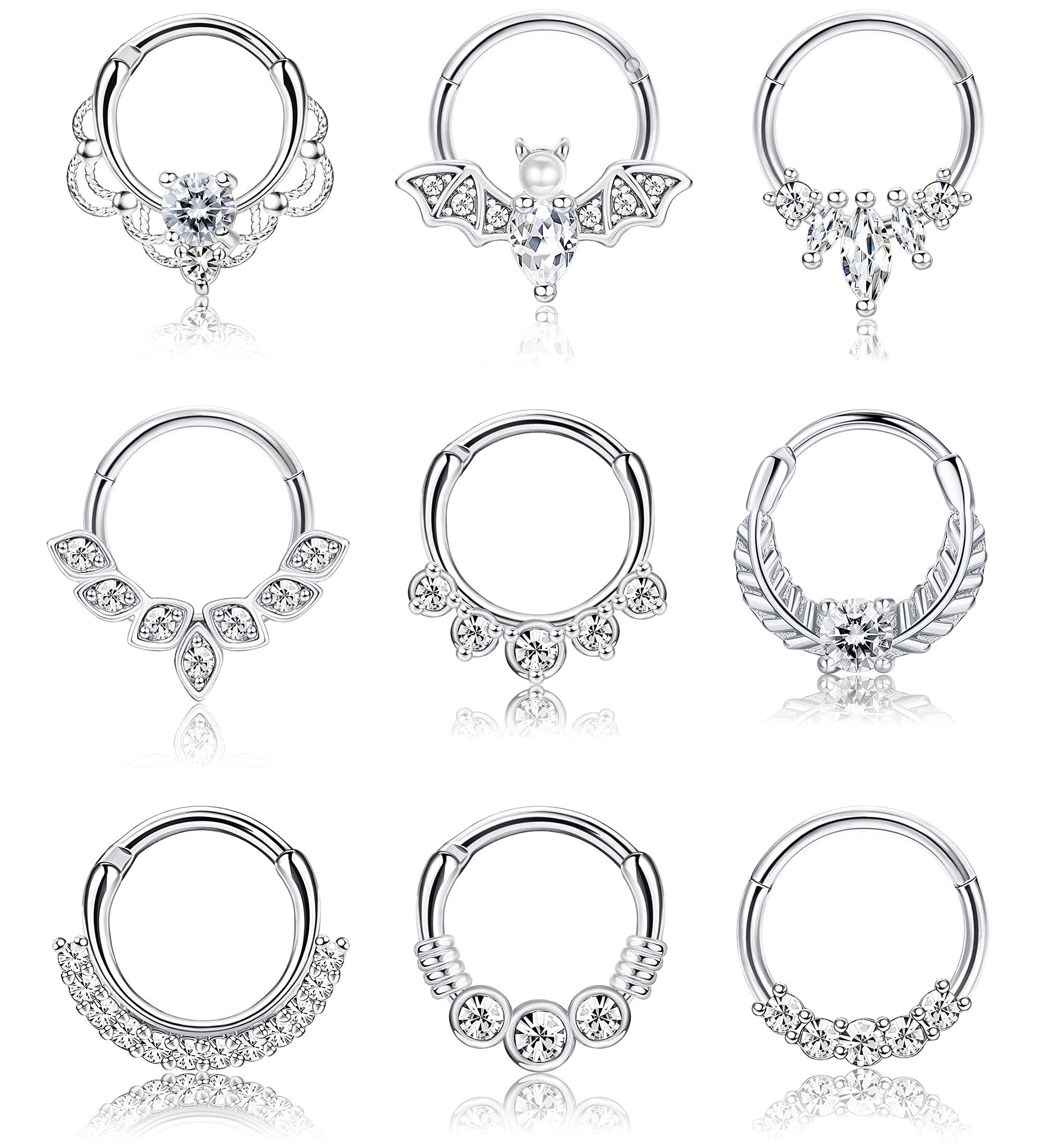 LOYALLOOK 9PCS 16G Septum Clicker Ring Stainless Steel Bat CZ Nose Ring Hoop Tragus Helix Cartilage Earrings Daith Hoop Hinged Segment Clicker Ring Ear Nose Conch Piercing Silver Tone 10MM