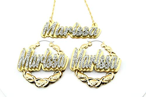 Name Necklace Plate Personalized Custom Nameplate and 2.5" XOXO Gold Earrings Made To Order Any Name Jewelry Set Laser Cut Diamond Look Glitter Script Cursive Letters, Quality Gold Chain, Stunning