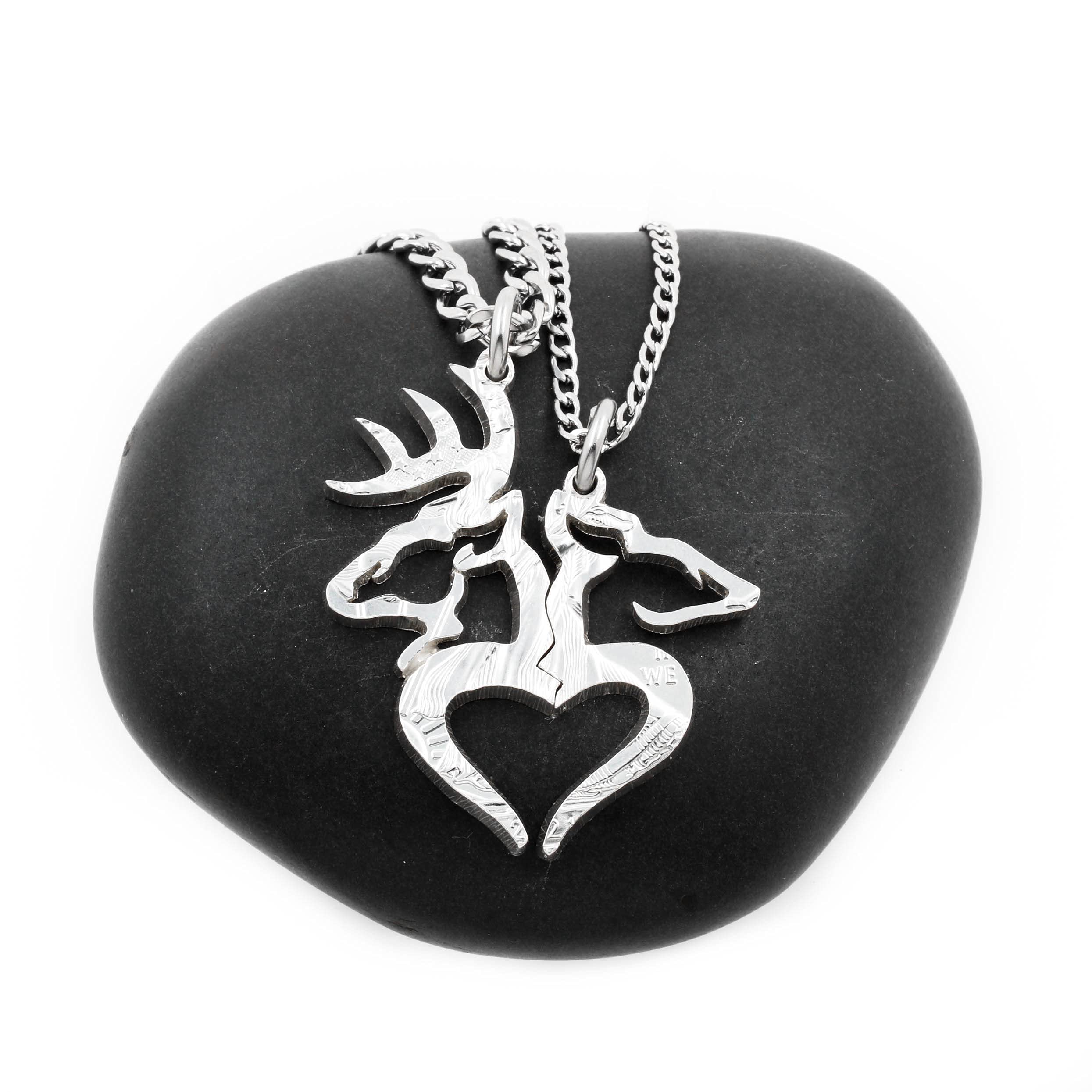 NameCoins Buck and Doe Heart Couples Necklaces, Hunting Jewelry, Split Heart, Hand Cut Coin (Half Dollar)