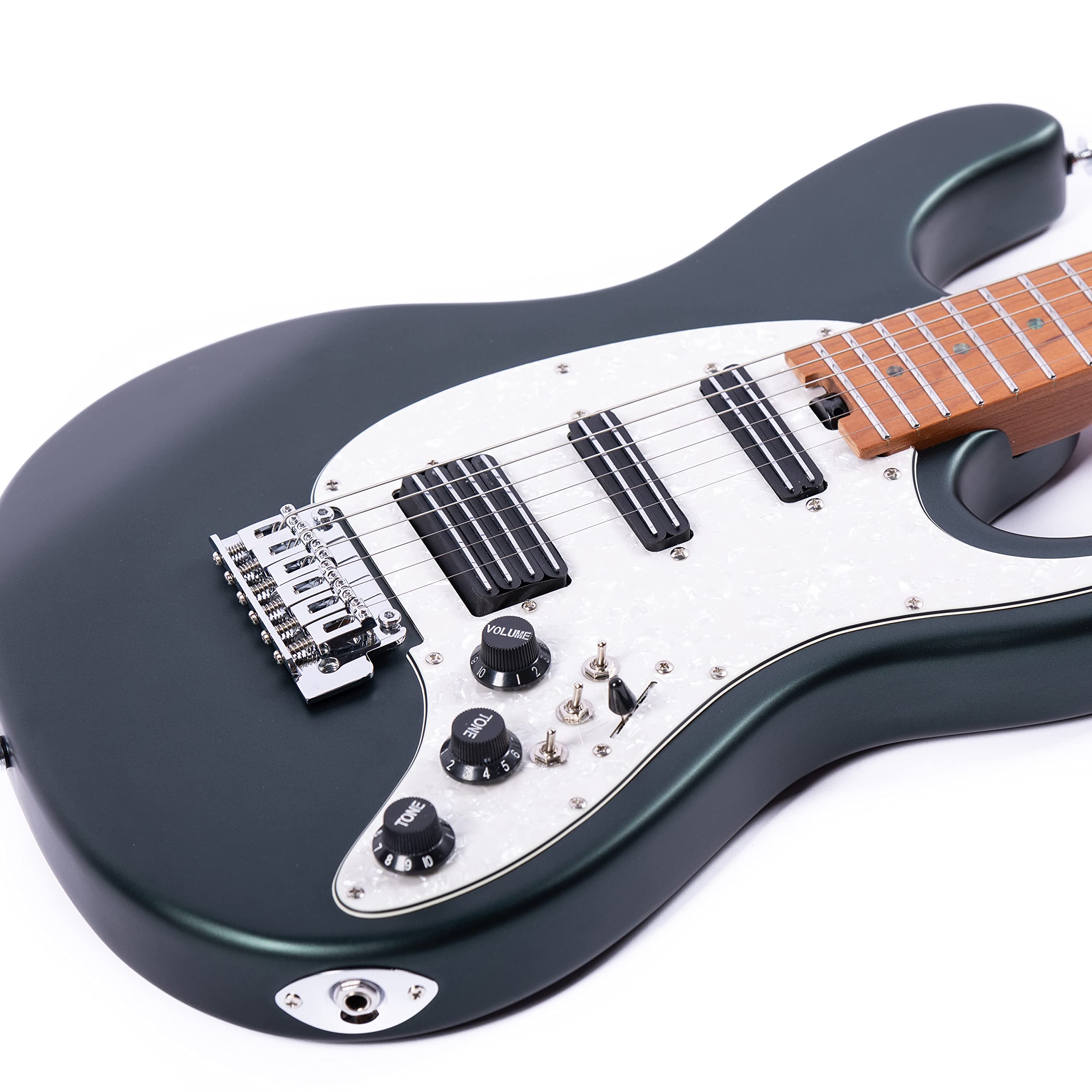 Volgoa VVS 6-String Solid Body Electric Guitar with Alder Body,Stainless Steel Frets,Featuring Tremolo System, with Plastic Pearl Pickguard and String Tree (Black green)