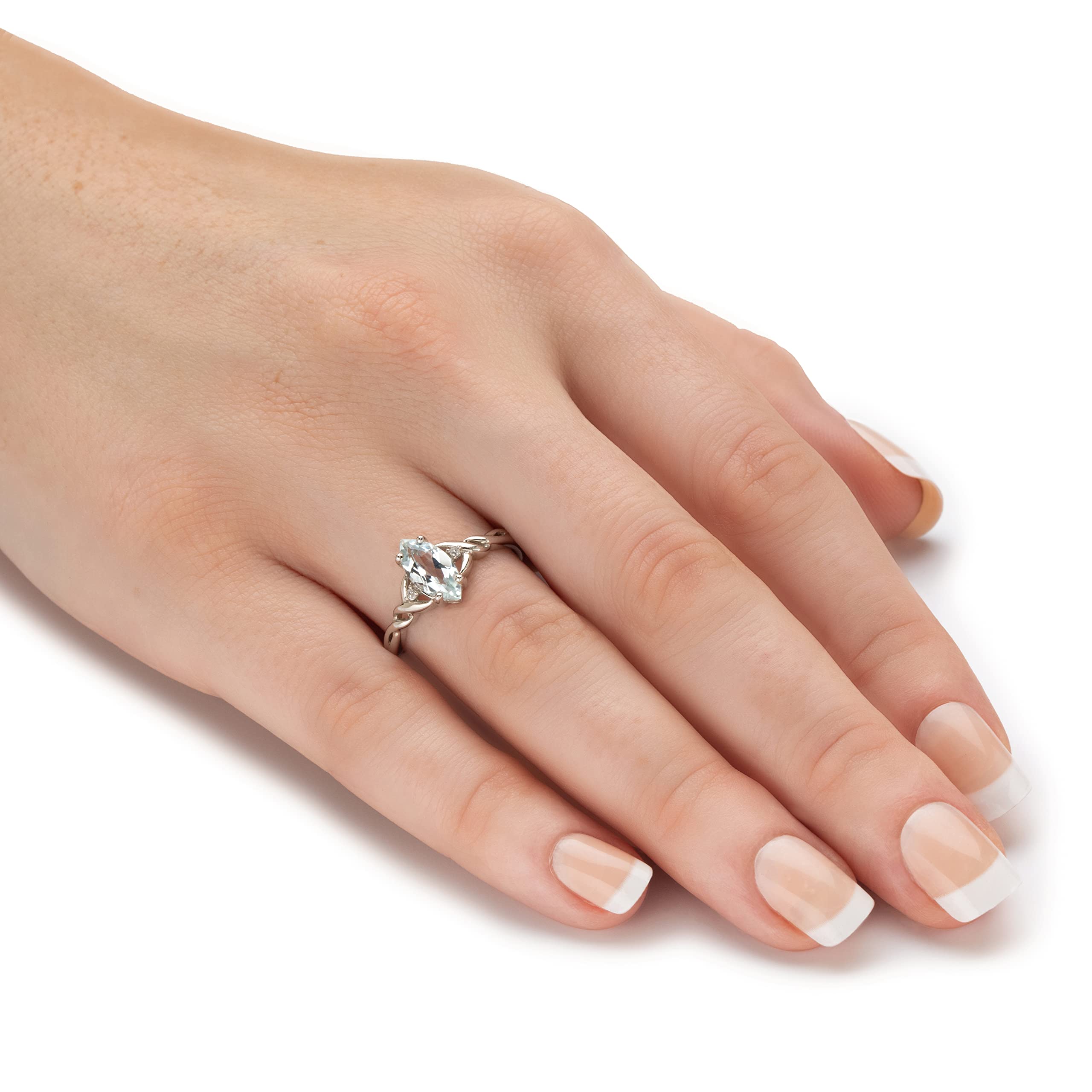 PalmBeach Jewelry Yellow Gold-Plated or Sterling Silver Marquise Cut Genuine Aquamarine and Diamond Accent Ring Size 8