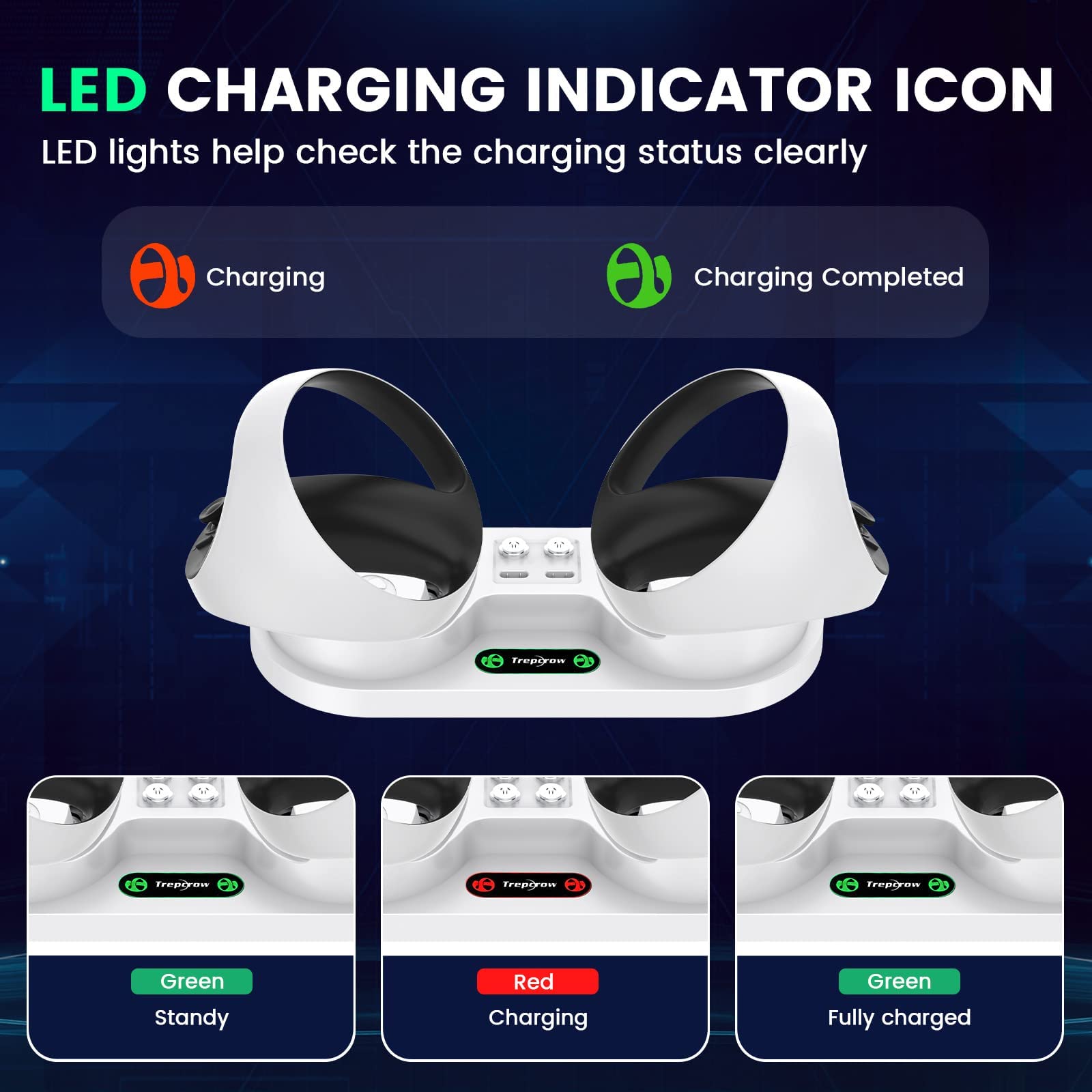 Trepcrow Charging Station for Playstation VR2 Sense Controller - Charging Dock with 4 Type-C Magnetic Clasp/Type-C Cable Desk Charger Stand Compatible with PS VR2 Controller [LED Indicator], White