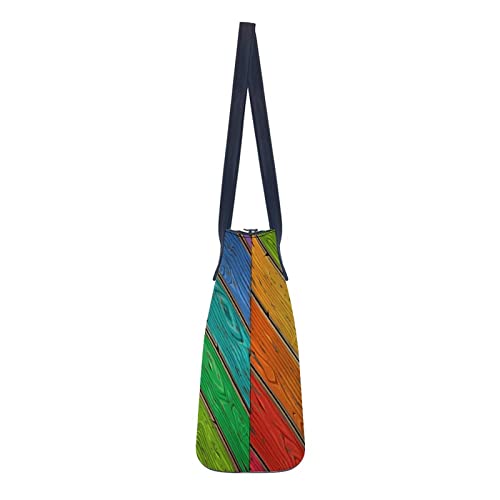 Rainbow Old Wooden Painted Women's Tote Bag PU Leather Shoulder Bag Handbags Purse For Work Shopping Travel