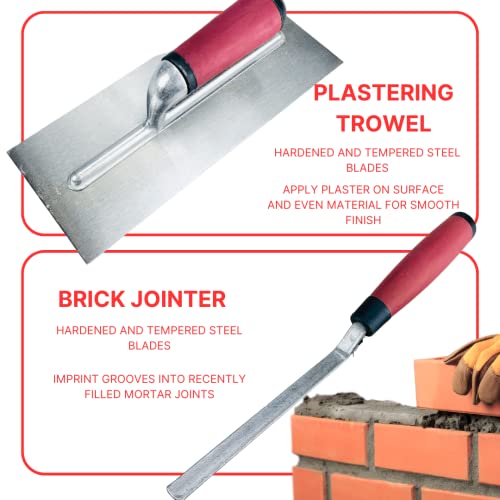 Wedge: 5 Piece Professional Masonry Trowel Set | Tempered Steel Blades | Contains 13" Brick Jointer, 6" Pointing Trowel, 7" Gauging Trowel, 11" Brick Trowel, 11" Plastering Trowel