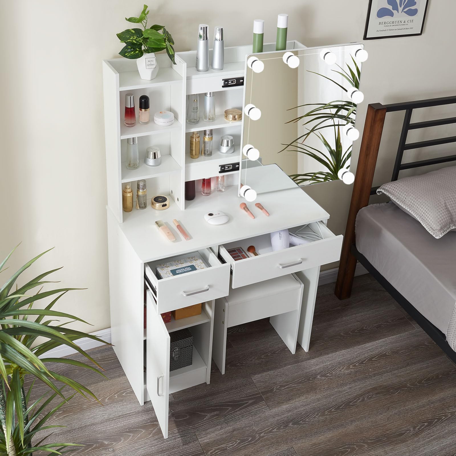 Lucaseone White Vanity Desk with Mirror and Lights,Makeup Vanity with Drawers and Storage Shelf, Vanity Table 3 Lighting Modes Brightness Adjustable for Bedroom (Modern 3071)
