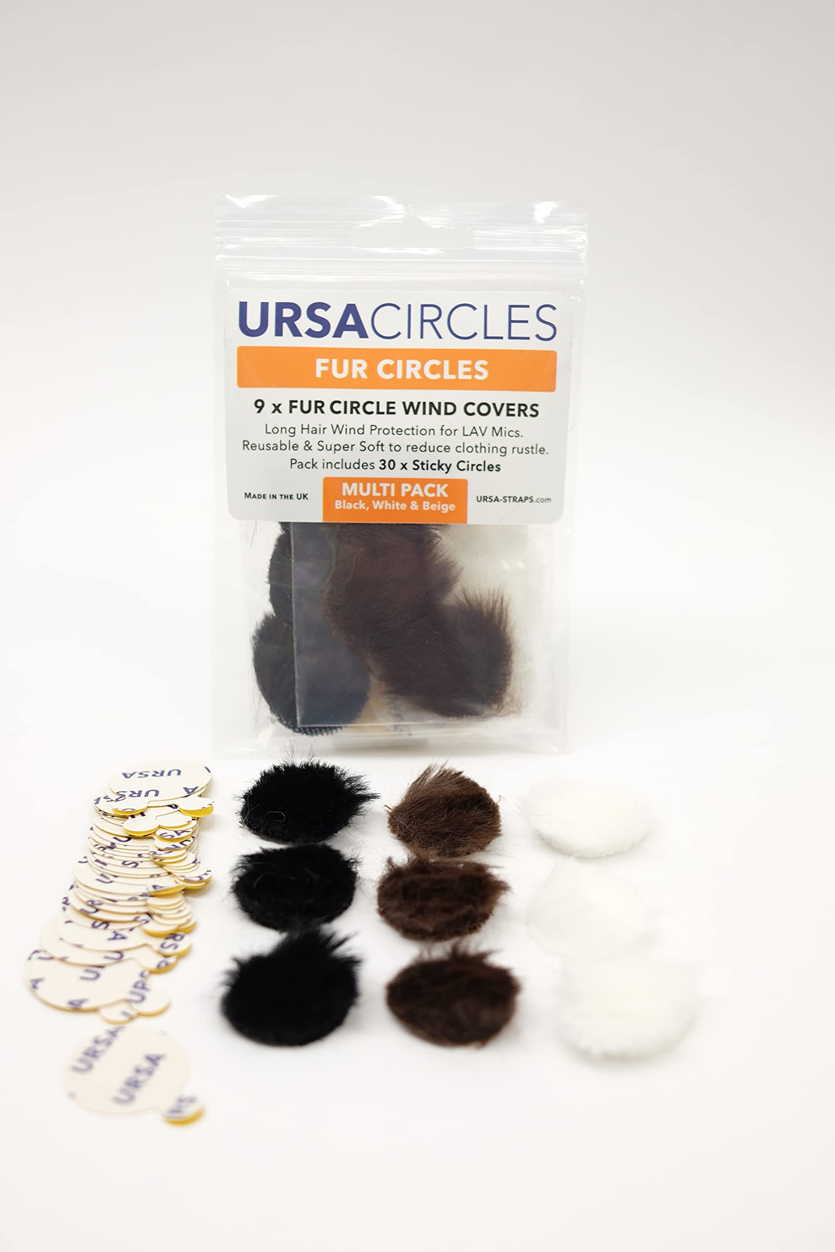 URSA Fur Circles - Mini Windshields for Lavalier/Lapel Microphones. Reduce Wind Noise & Clothing Rustle. Compatible with Sennheiser, RODE, Sanken, Tascam & More (9x Circles + 30x Stickies, MultiPack)