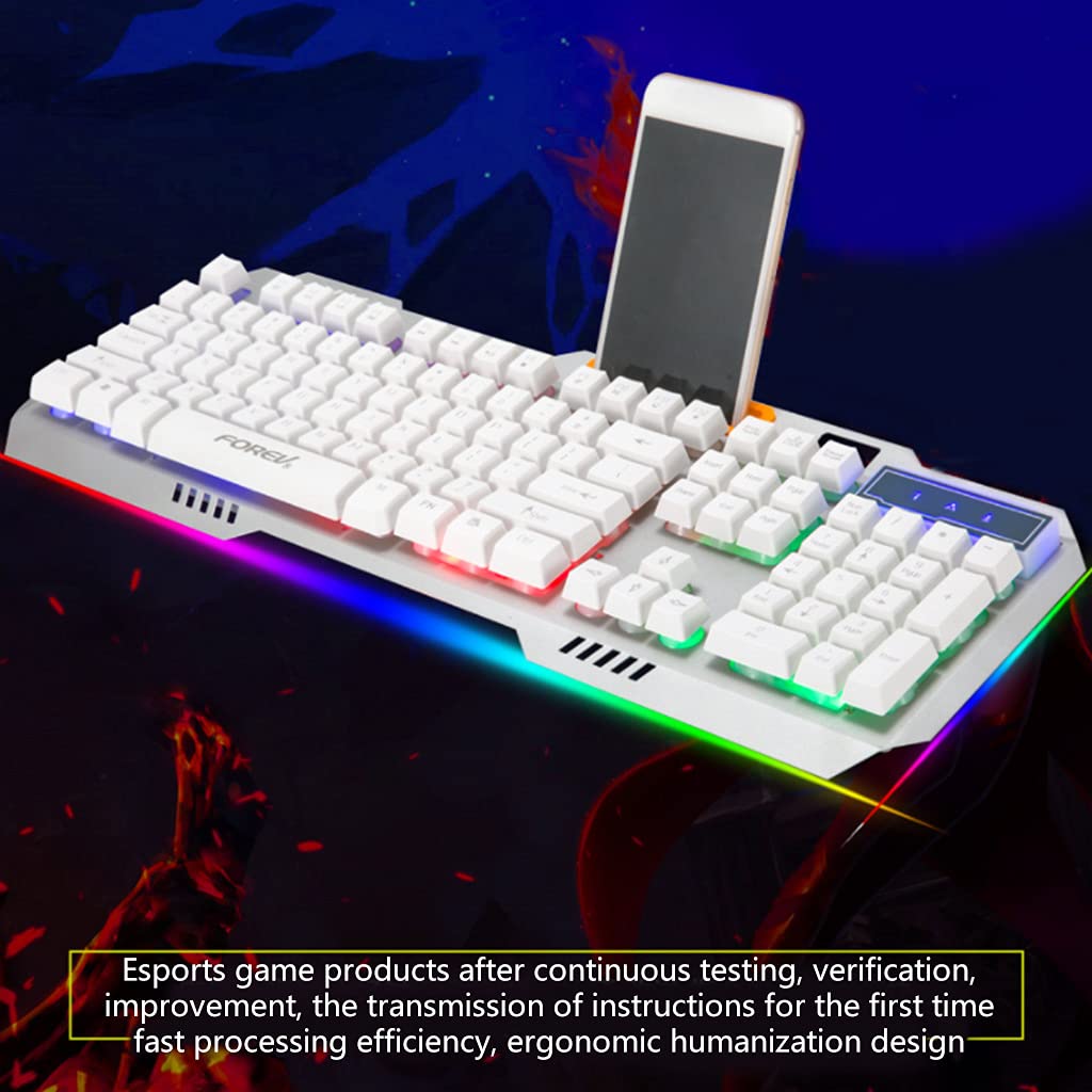 unband USB Wired Mechanical Gaming Keyboard 104Keys RGB Backlit Keyboard with Hand Rest Phone Hoder for PC Gamers (Color : White)