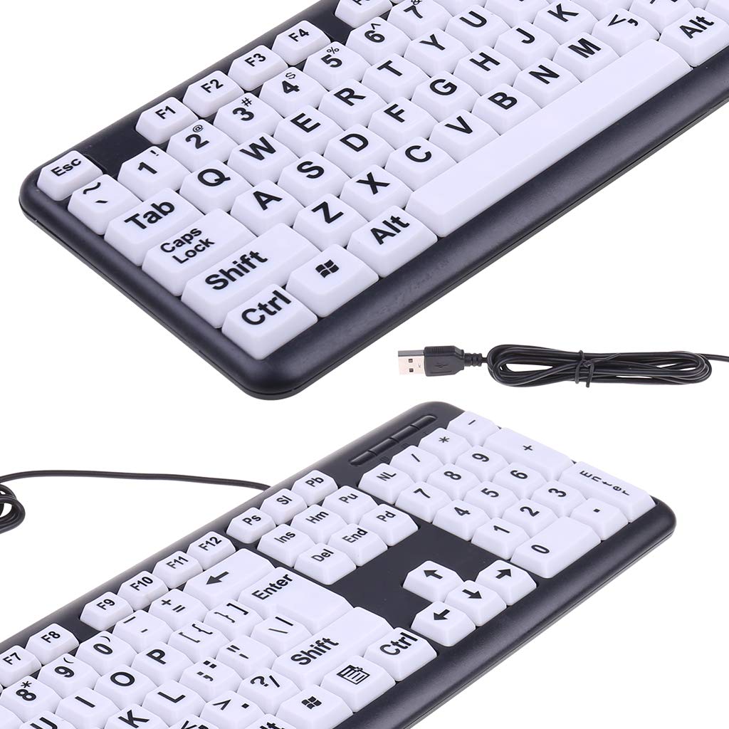 unband User USB Wired PC Computer Game Gaming Keyboard High Contrast Large Print White Keys Black Letter for Old People Elderly Men