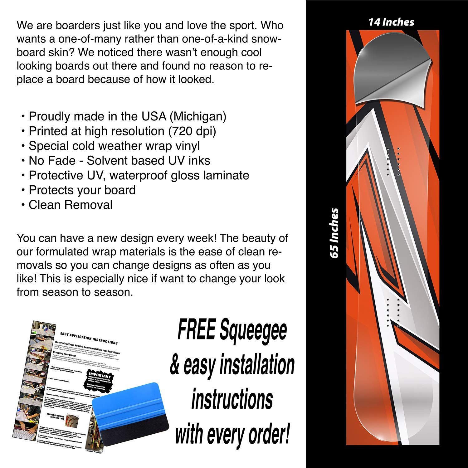 Snowboard Wrap 169 - Orange Mountains, Sunset, Trees Snowboard Graphic Decal - Includes Application Squeegee - 14 inch x 65 inch fits most snowboards