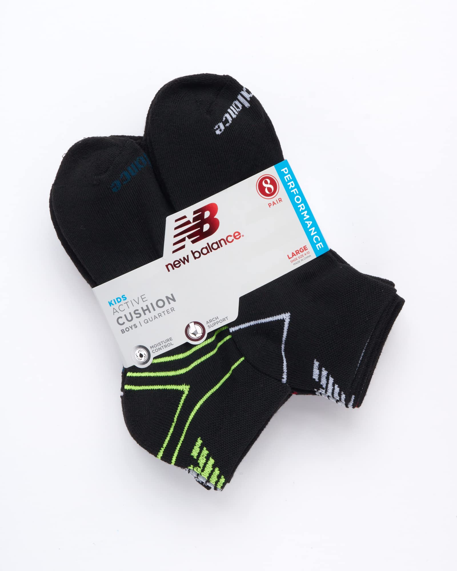 New Balance Boys' Socks - Performance Cushioned Quarter Socks (8 Pack), Size Large, Black Assorted