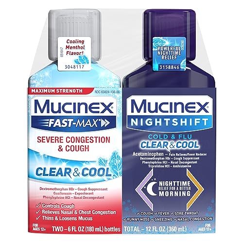 Maximum Strength MUCINEX Fast-MAX Severe Congestion & Cough Clear & Cool & MUCINEX Nightshift Cold & Flu Clear & Cool Liquid (2 x 6 fl. oz.) Multi-Symptom Relief with a Burst of Cooling Menthol