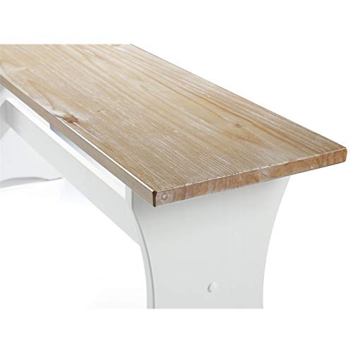 Linon Jackie Pine Wood 3 Piece Patio Conversation Indoor Kitchen Breakfast Table Booth Bench Corner Dining Nook Set in Antique White